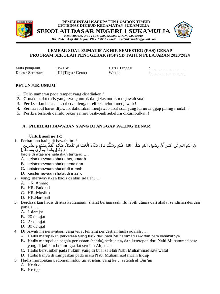 SOAL ULANGAN HARIAN Kls 3 | PDF