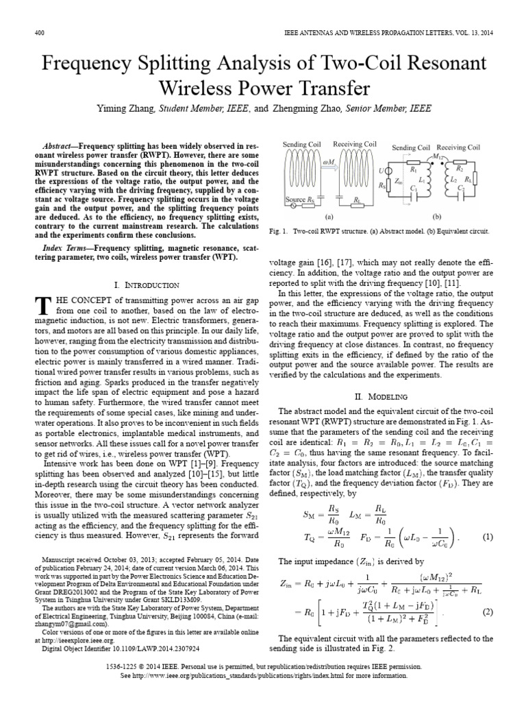 Frequency Splitting Analysis of Two-Coil Resonant Wireless Power Transfer | PDF