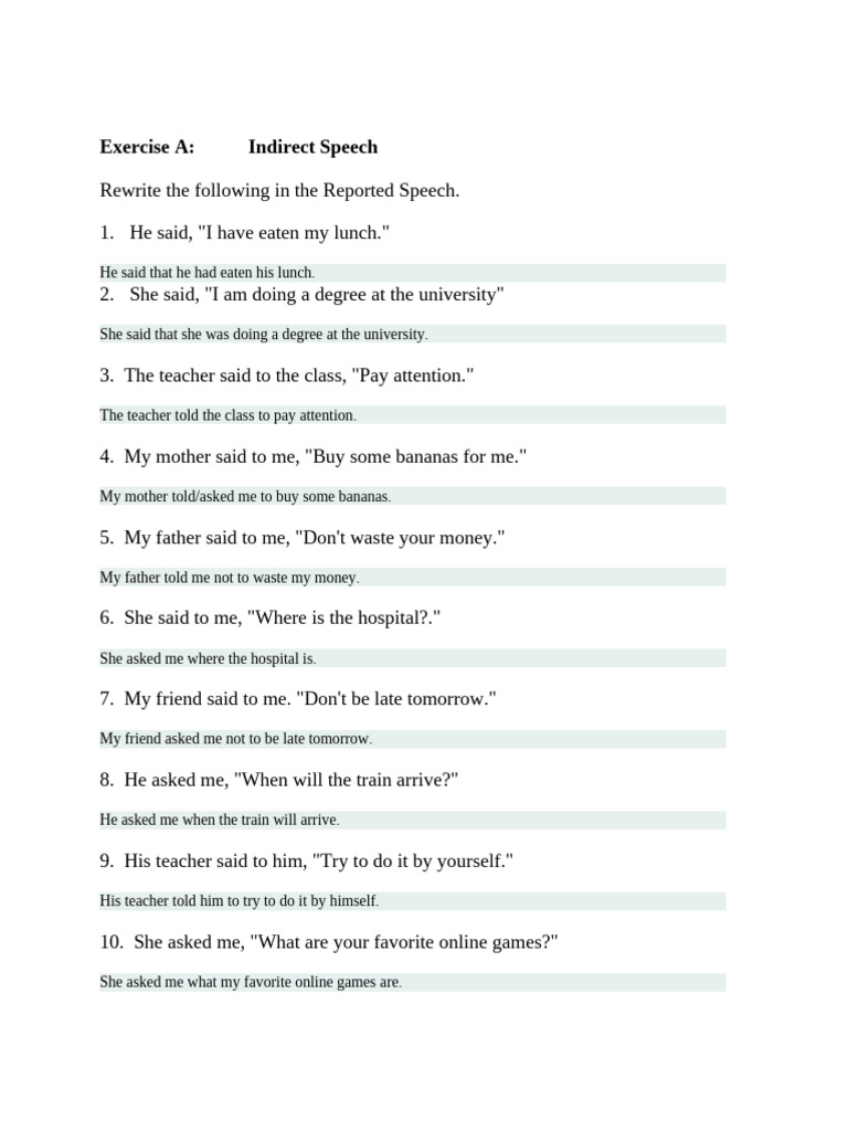 Direct - Indirect Exercises & Ans Key | PDF