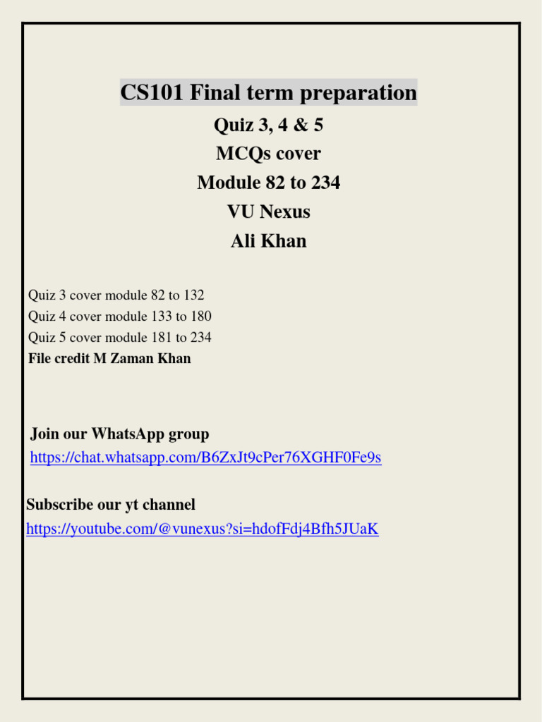 CS101 MCQS Module 82 To 234 Finalterm Preparation by Ali Khan | PDF