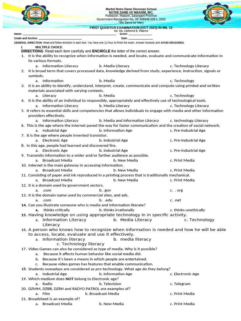 Mil First Quarter Exam 2023 | PDF