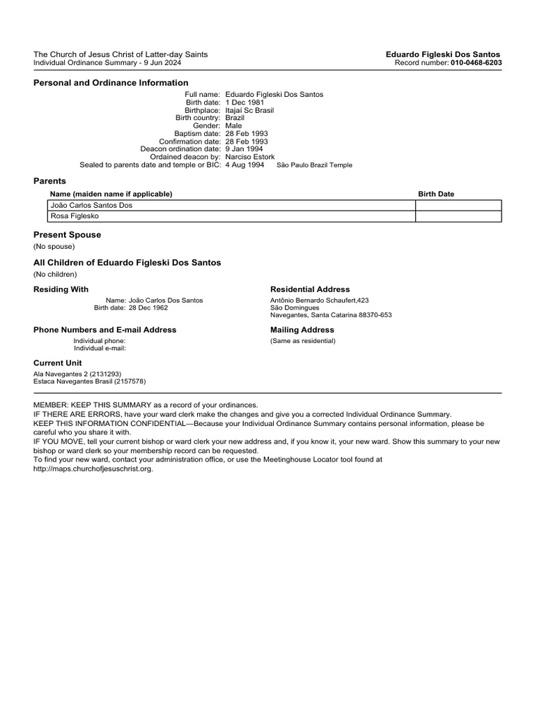 Personal and Ordinance Information: The Church of Jesus Christ of ...