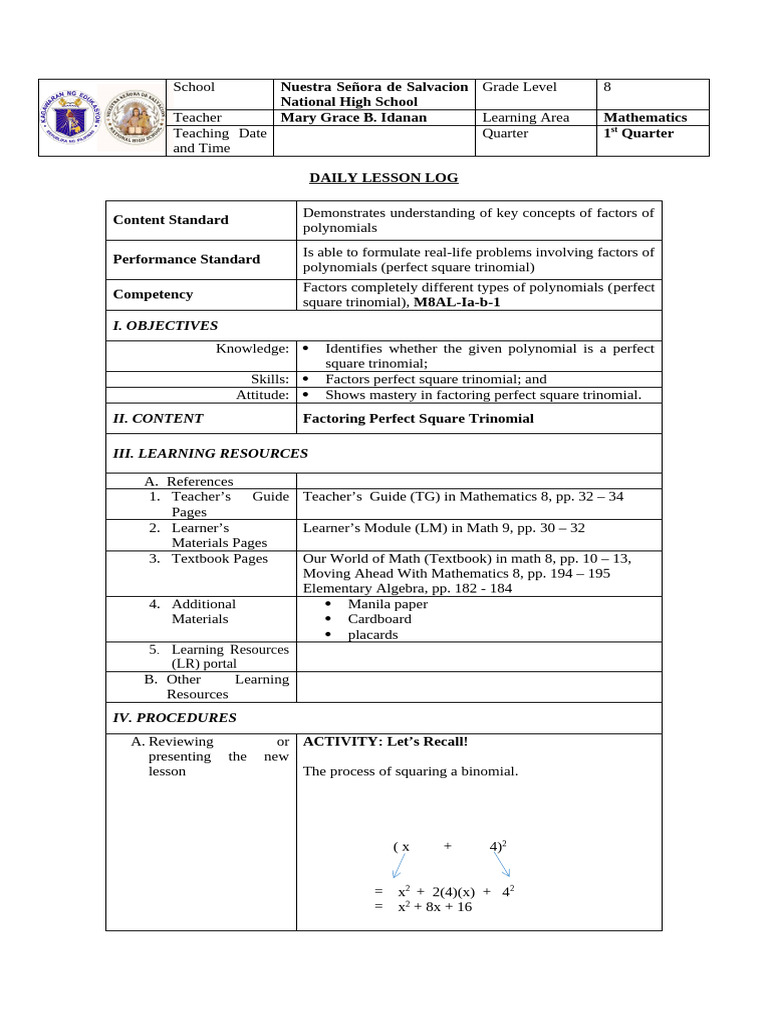 DLL Math 8 D4 | PDF