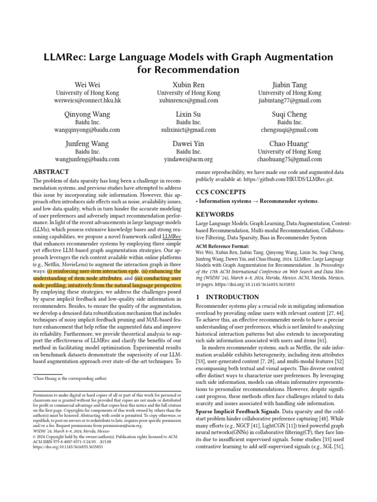 Llmrec: Large Language Models With Graph Augmentation For Recommendation | PDF