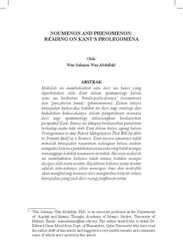 Noumenon and Phenomenon: Reading On Kant'S Prolegomena: Oleh: Wan ...
