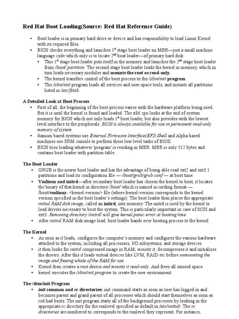 RedHat Boot Process and FHS Introduction | PDF | Booting | Bios