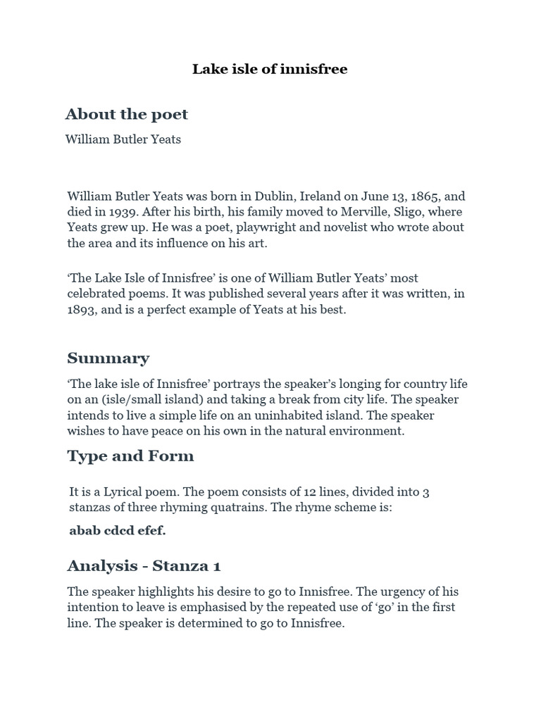 Lake Isle of Innisfree | PDF