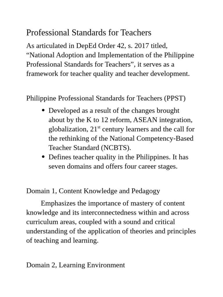 Professional Standards For Teachers | PDF