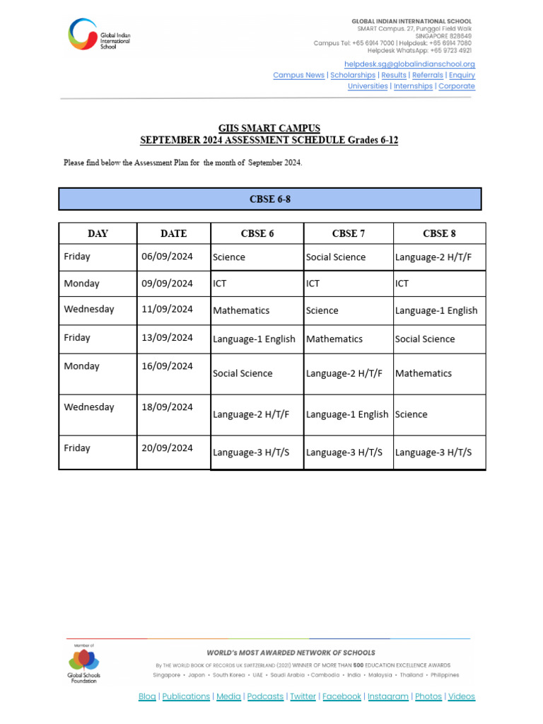 Semester 1 Exam Schedule Sept 2024 GIIS PG | PDF