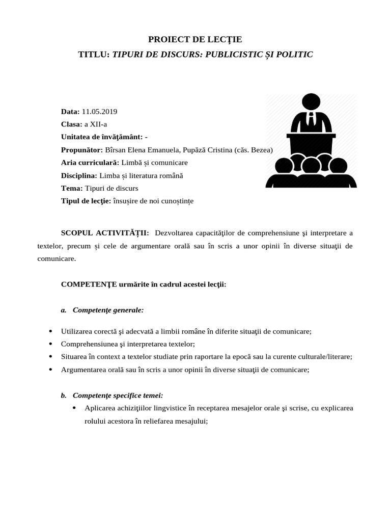 Proiect Didactic-Tipuri de Discurs | PDF
