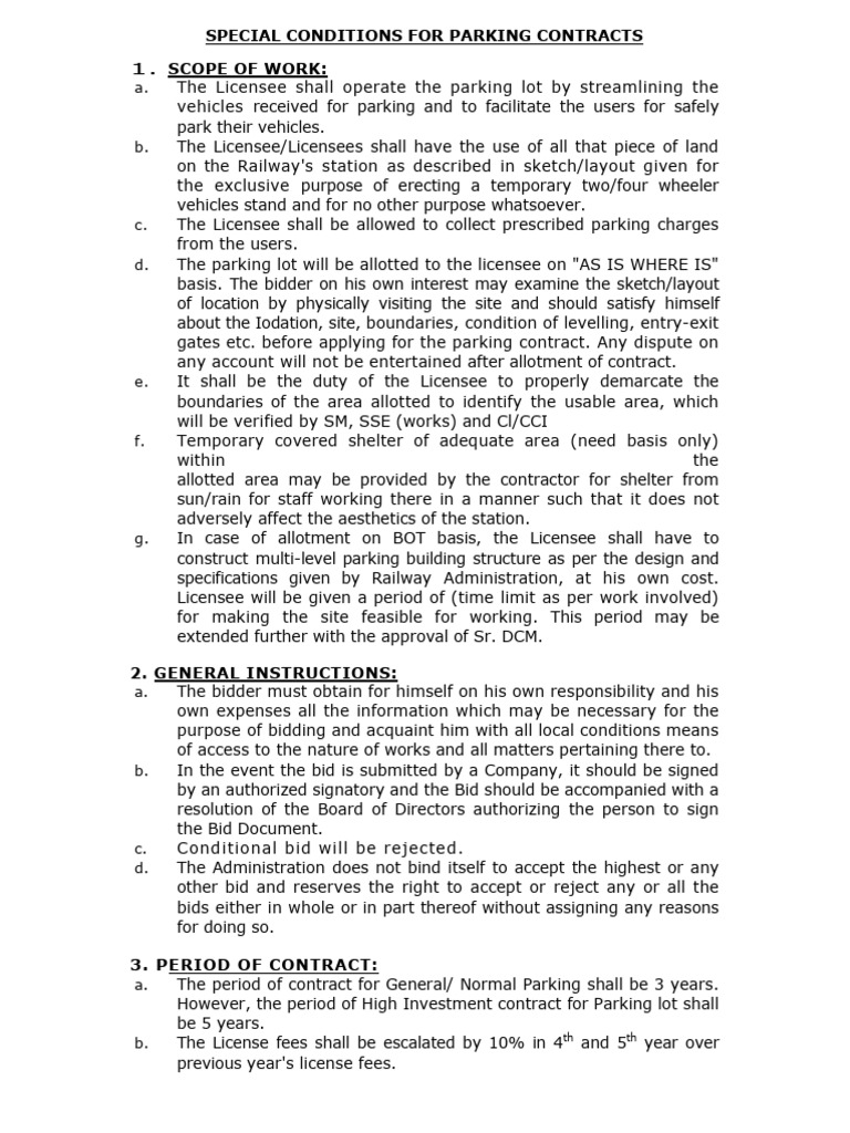Special Conditions For Parking Contracts | PDF