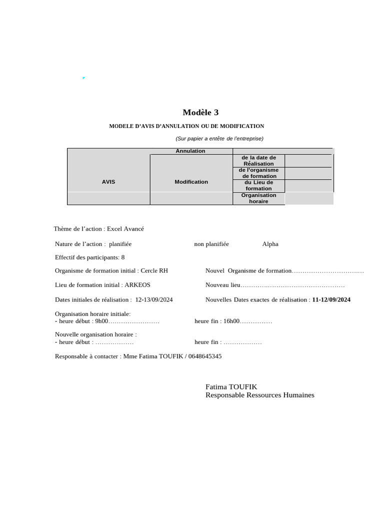 Avis de Modification Excel | PDF