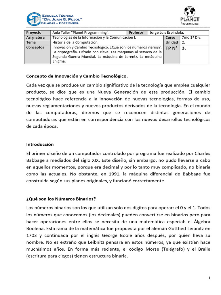 4to 1a Tic I - TP 3 Historia de La Computacion - Introduccion | PDF | Cifrado | Tecnología