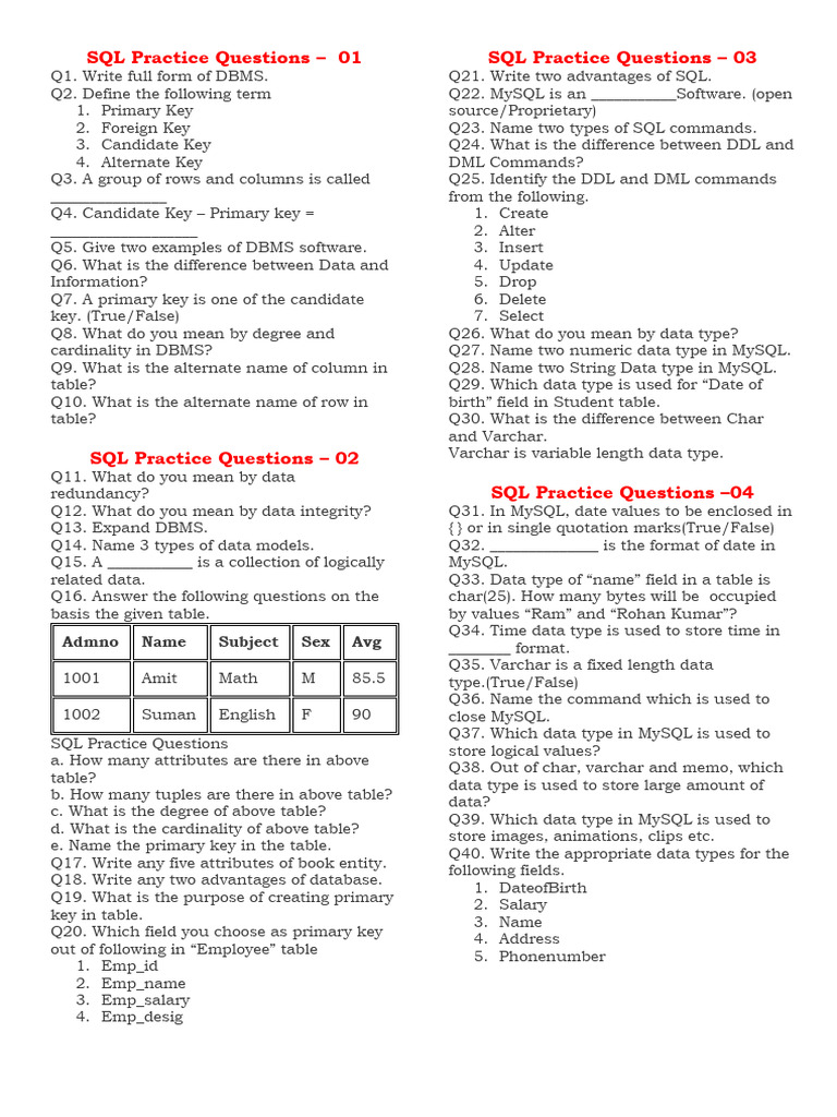 Important SQL Practice Questions | PDF Important SQL Practice Questions | PDF