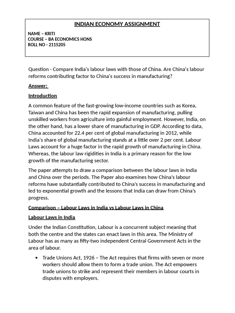 Indian Economy Assignment - 2115195 | PDF | Cost Of Living | Employment