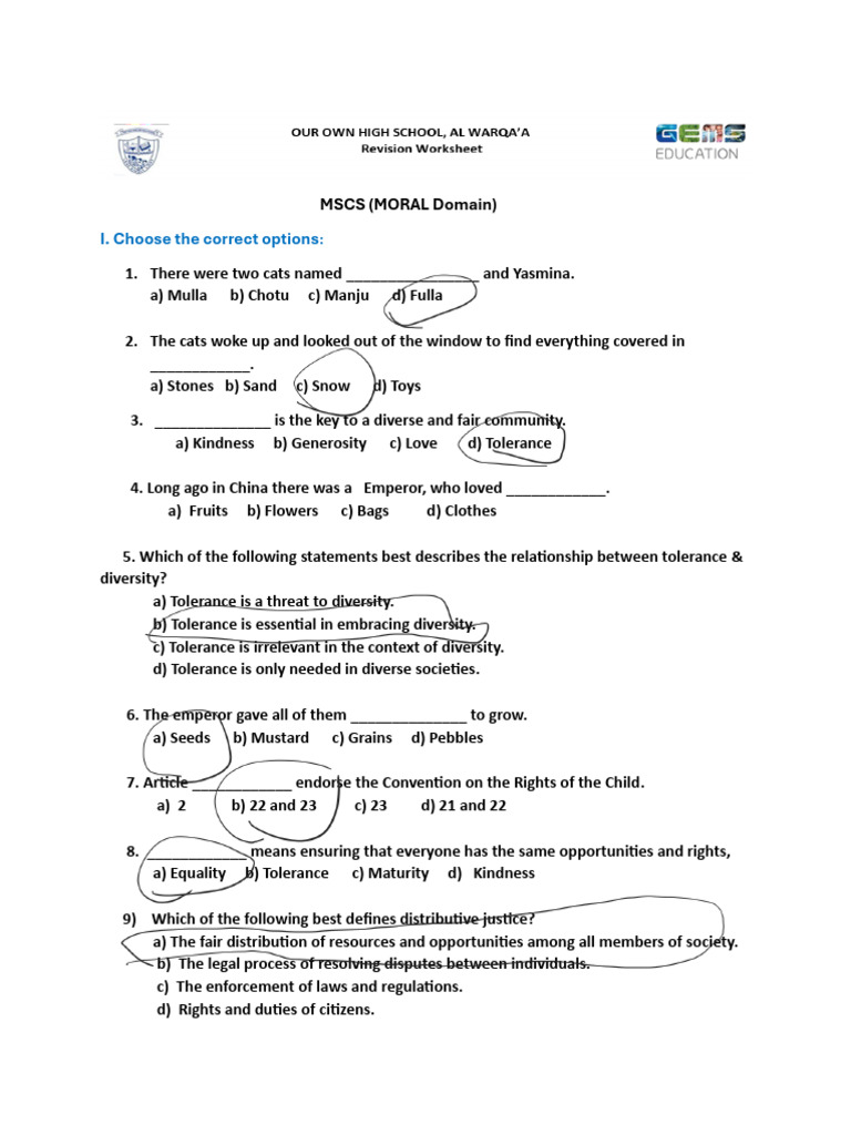 Mscs Revision Worksheet Term 1 Moral Domain 240901 151617 | PDF