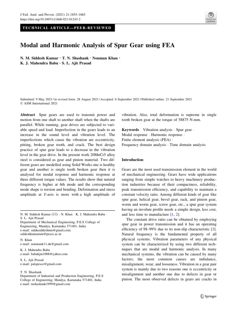Modal and Harmonic Analysis of Spur Gear Using FEA | PDF