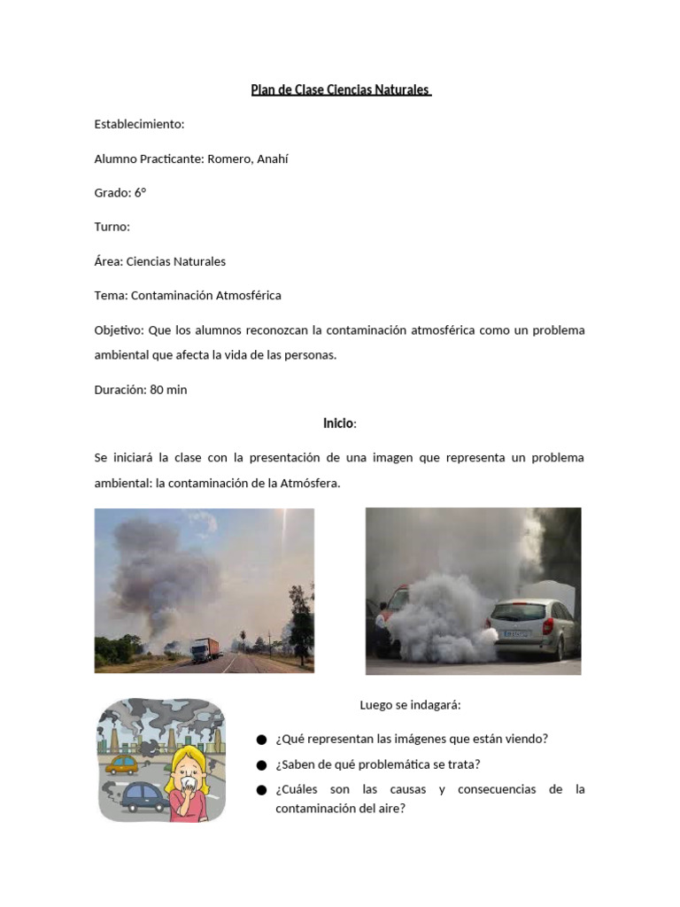 Plan de Clase. Cs Naturales. Contaminación Atmosférica. | PDF