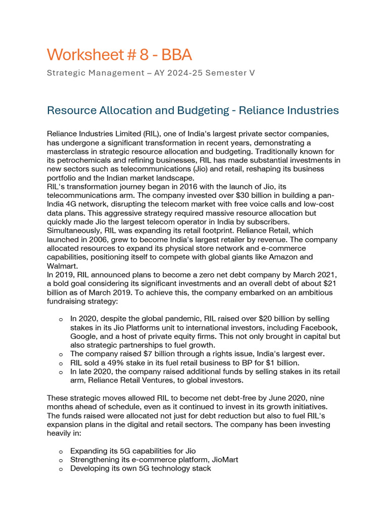 Worksheet # 8 - BBA: Resource Allocation and Budgeting - Reliance ...