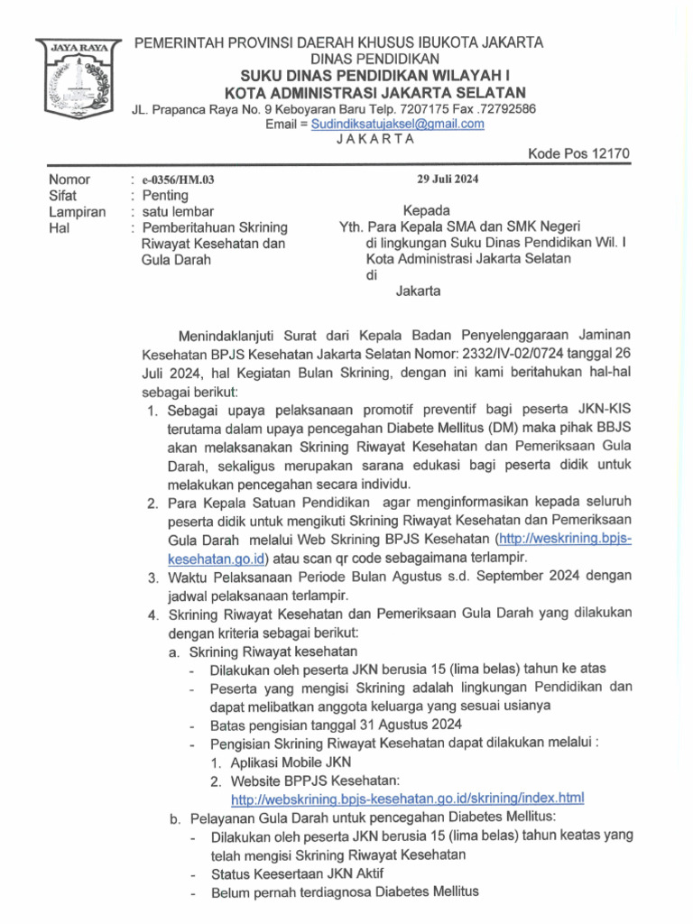 E-0356 HM.03 Pemberitahuan Skrining Riwayat Kesehatan Dan Gula Darah Di SMA Dan SMK Stemp | PDF
