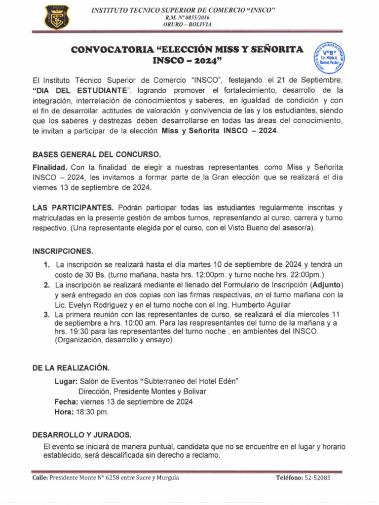 Convocatoria Miss y Señorita Insco 2024 | PDF