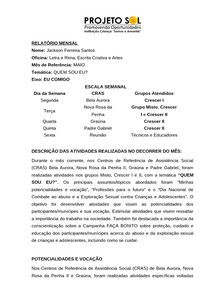 05 - Jackson Relatorio Maio SCFV | PDF