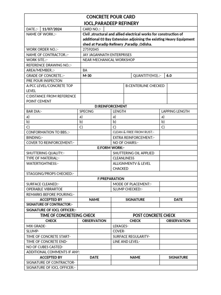 Concrete Pour Card Imp | PDF | Concrete | Building Technology