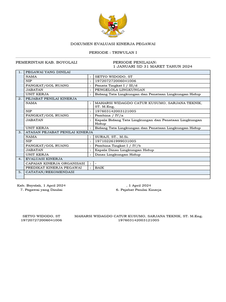 SKP tw1 - 2024 - 1 April 2024 Cetak Dokumen Evaluasi Kinerja | PDF