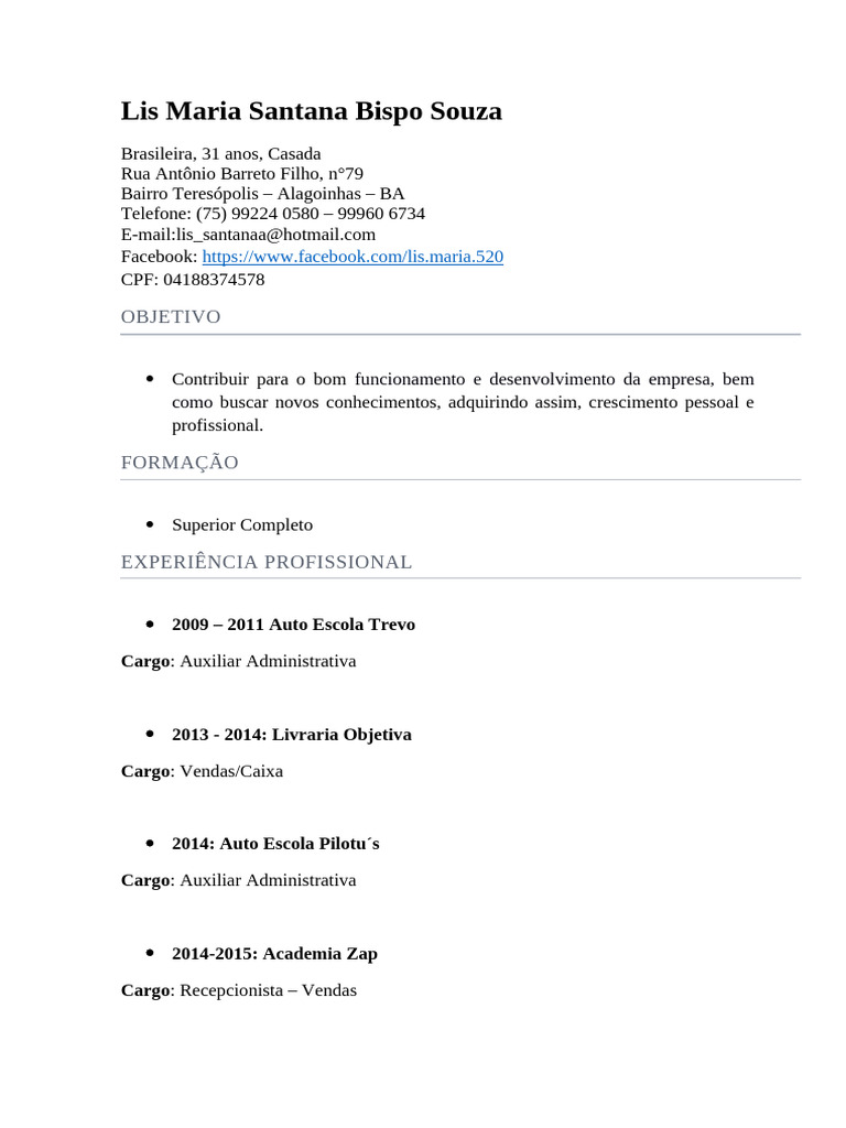 Cópia de Curriculo Lis Maria Com CPF | PDF | Carreira e Crescimento
