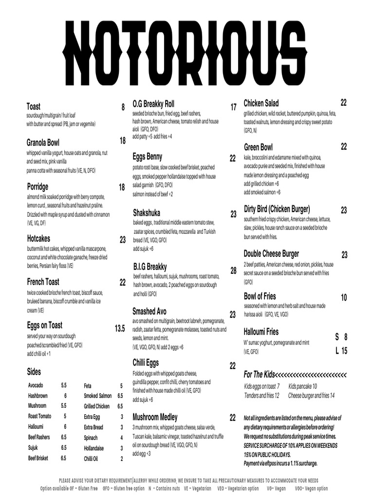 Notorious Menu | PDF