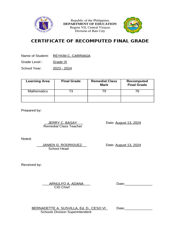 Recomputed Grades Form | PDF
