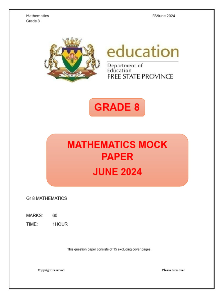 Mock Paper Grade 8 June 2024 Grade 8 Mathematics Test | PDF