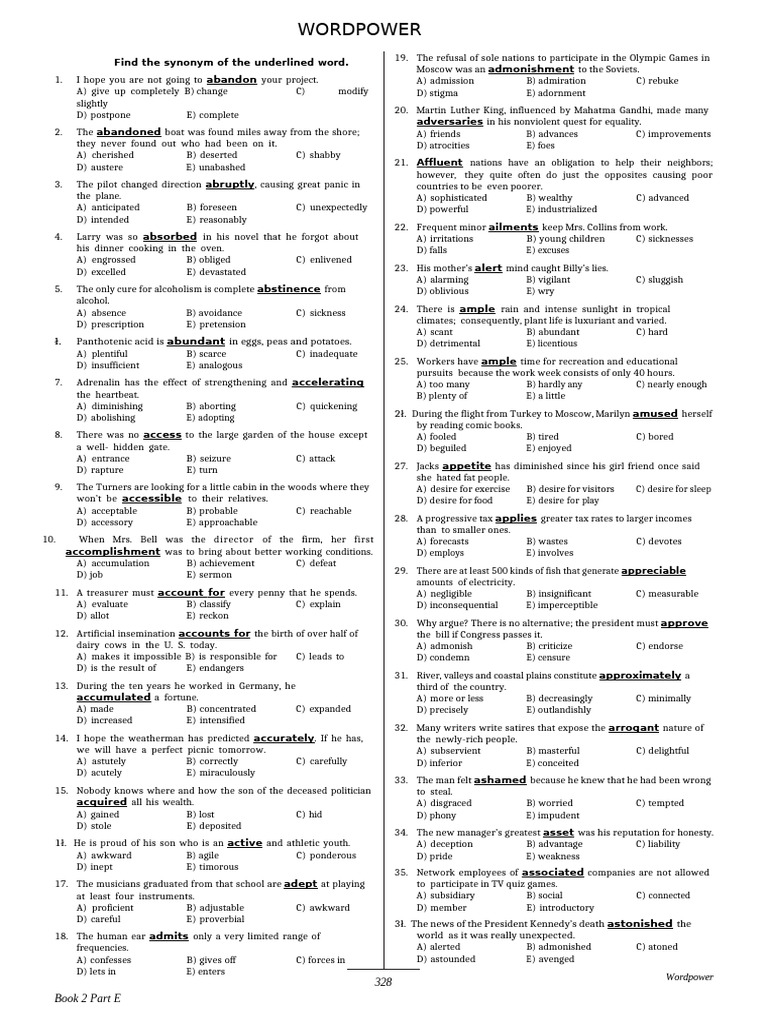 Advanced Level Synonym Questions Wordpower Test | PDF