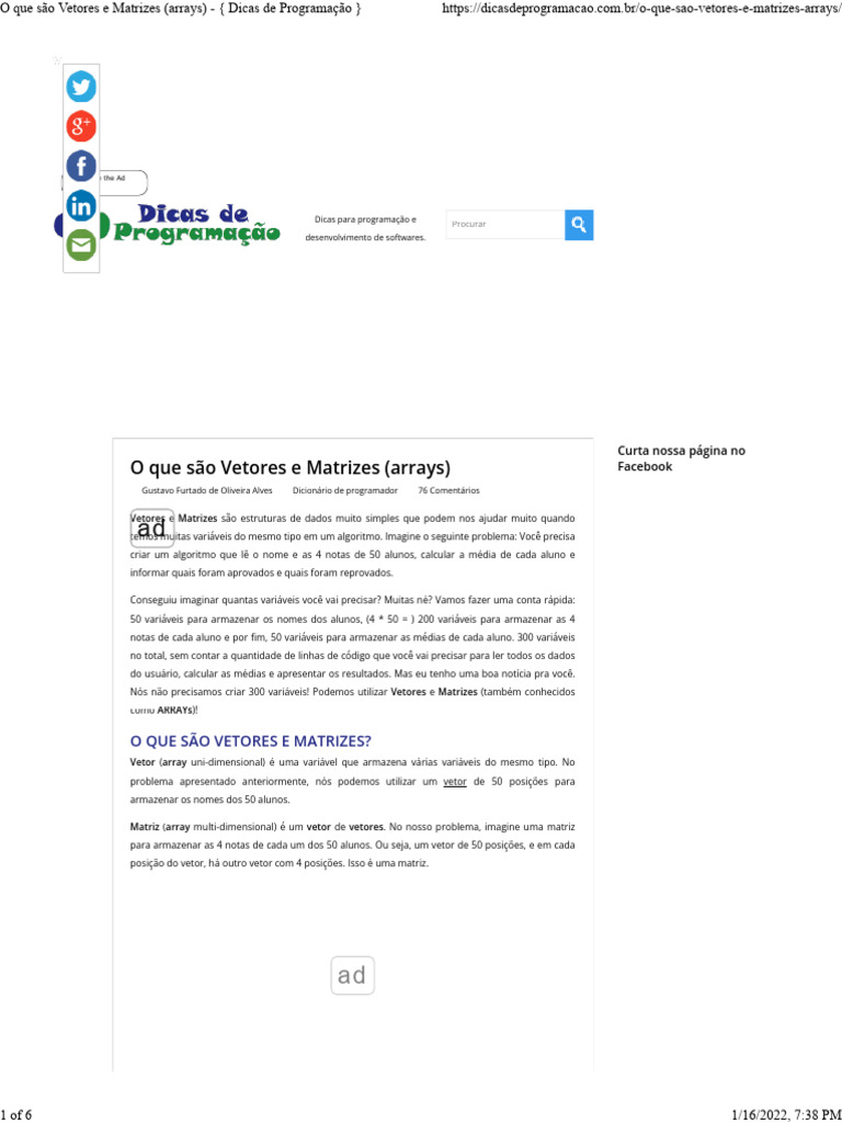O Que São Vetores e Matrizes (Arrays) - (Dicas de Programação) | PDF