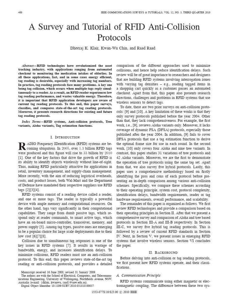 A Survey and Tutorial of RFID Anti-Collision Protocols | PDF