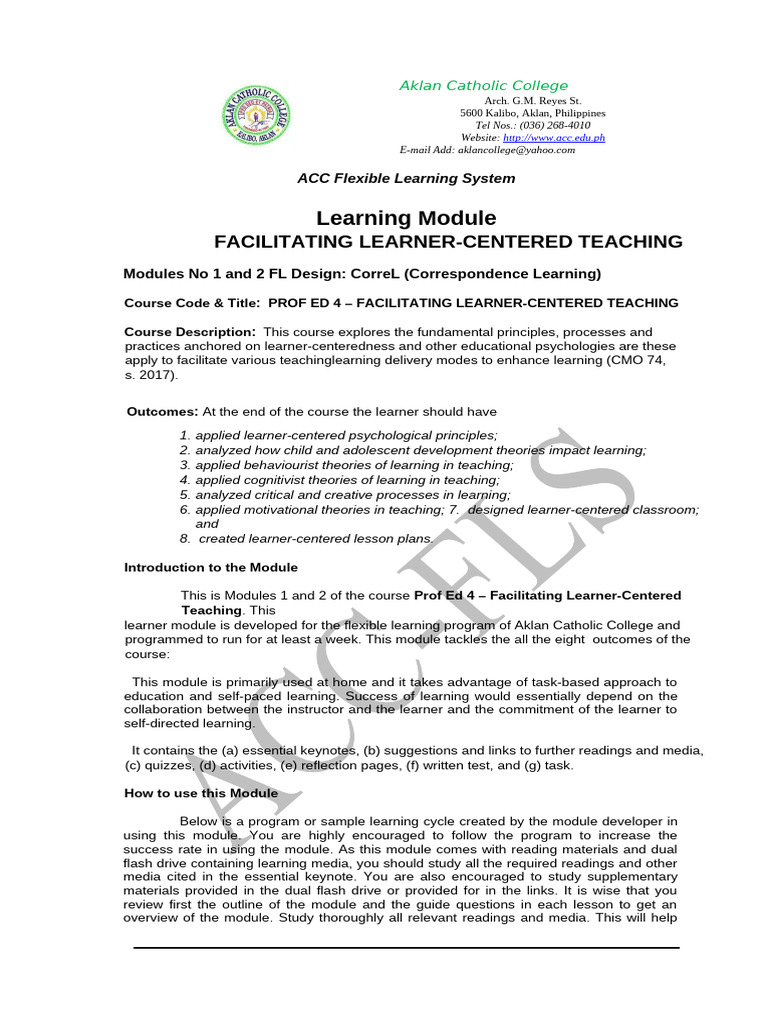 Final Modules 1 and 2 of Facilitating Learner Centred Teaching Dec 7 | PDF