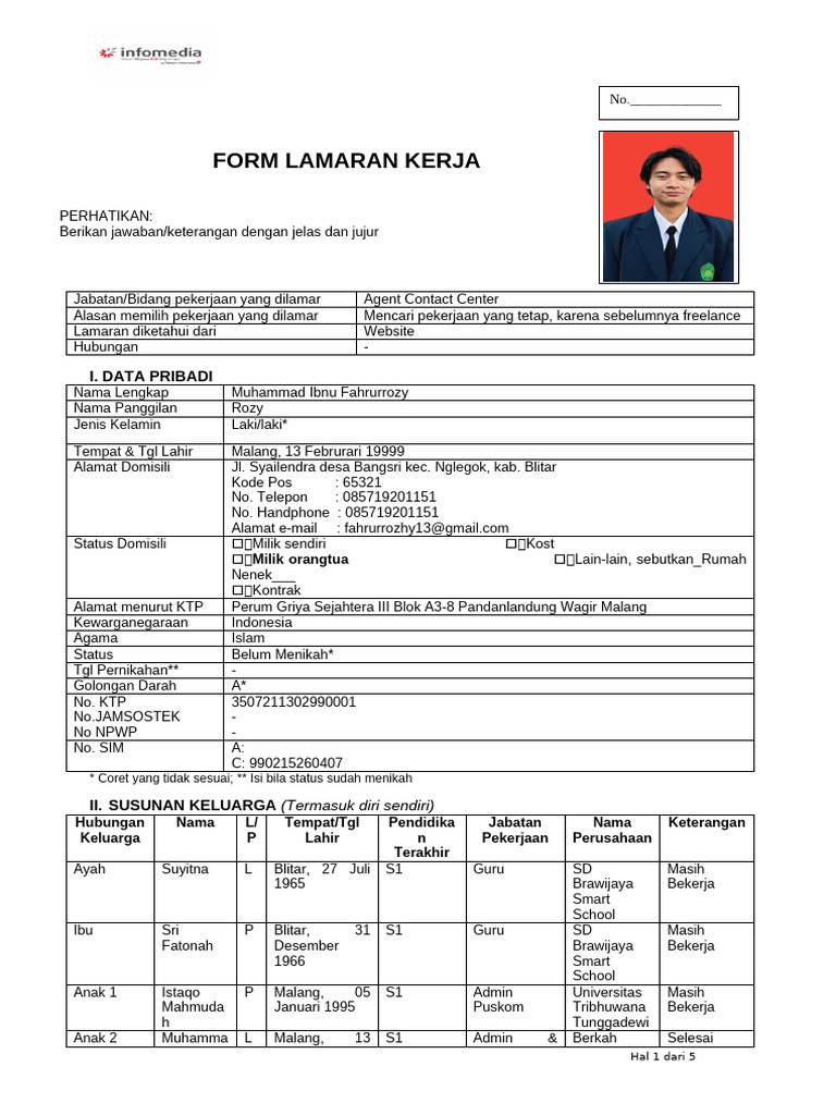Form Lamaran Kerja FLK Muhammad Ibnu Fahrurrozy | PDF