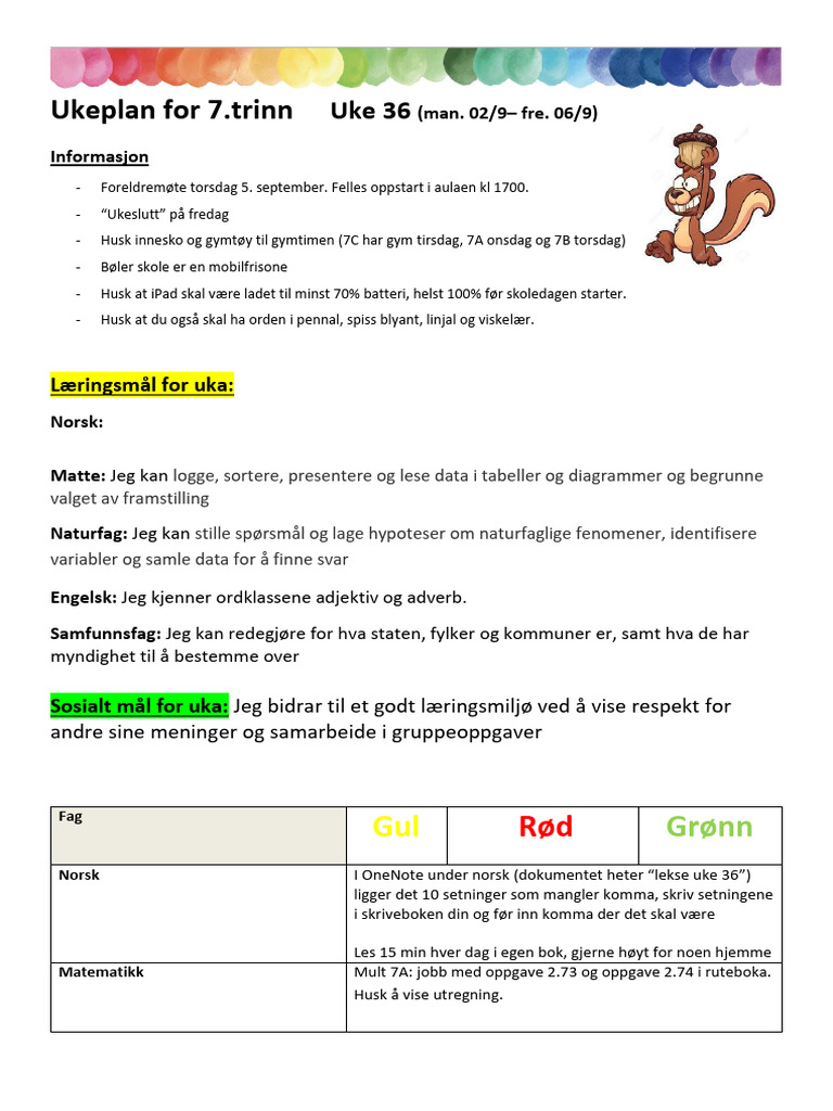 Ukeplan Uke 36 Bol7 | PDF
