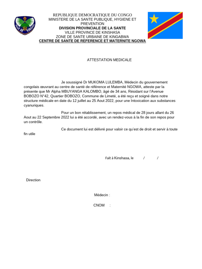 Attestation Médicale pour Alpha Mbuyanga | PDF