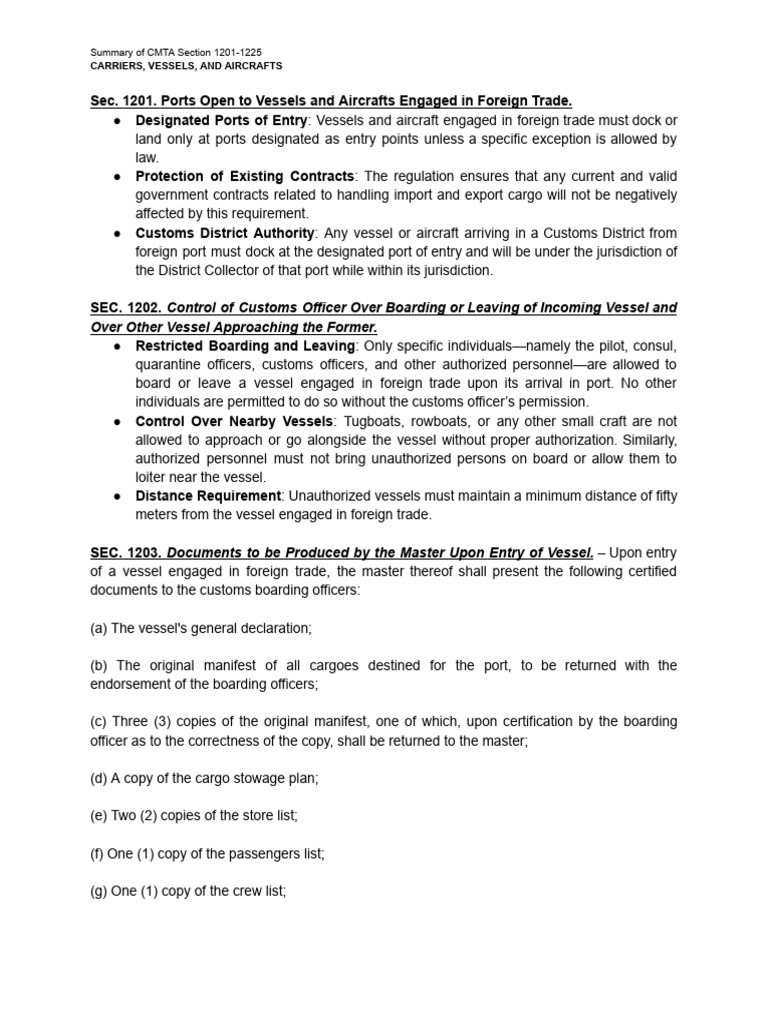 CMTA SEC 1201-1225 - Carriers, Vessels, and Aircrafts | PDF | Airport ...