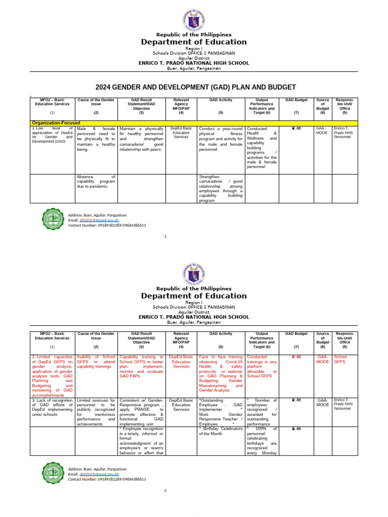 2024 Enrico T. Prado Nhs Gender and Development Plan Budget | PDF