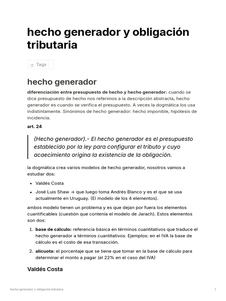 Hecho Generador y Obligacin Tributaria | PDF