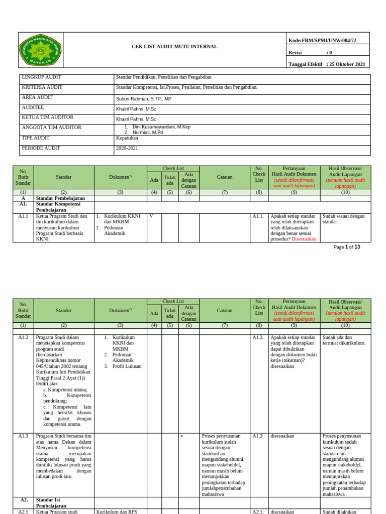 01.FORMULIR CEK LIST | PDF