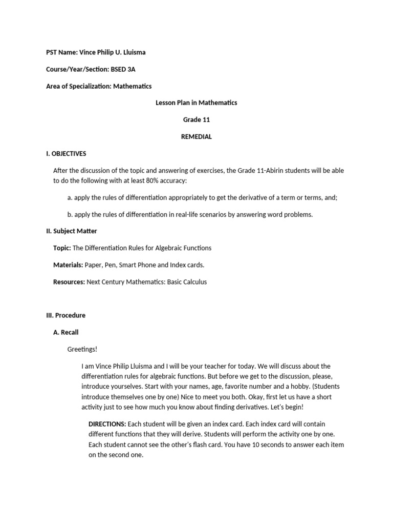 FS2 Micro-Teaching LP#1 Remedial FINAL | PDF | Derivative | Teaching Methods & Materials