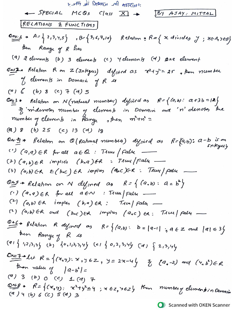 SPECIAL MCQs Relation Functions Class XI | PDF