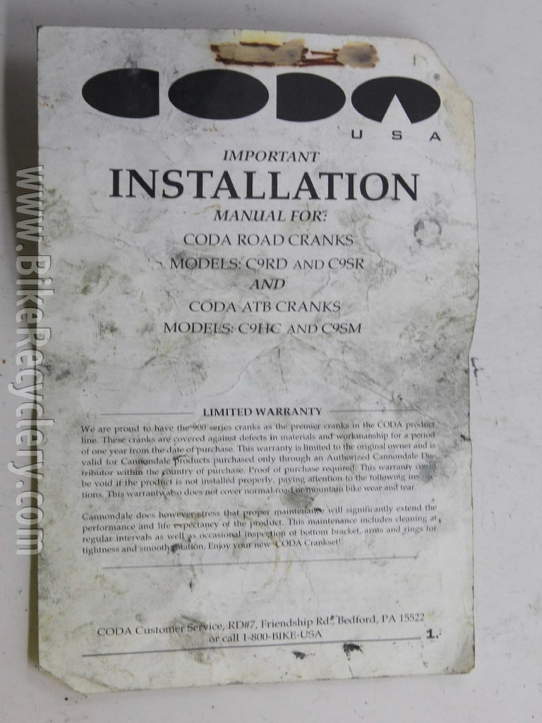 CODA Magic 900 Crankset Instructions | PDF