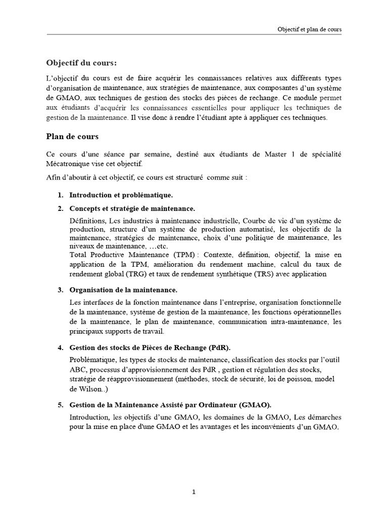 Cours Master1 - Gestion de La Maintenance | PDF