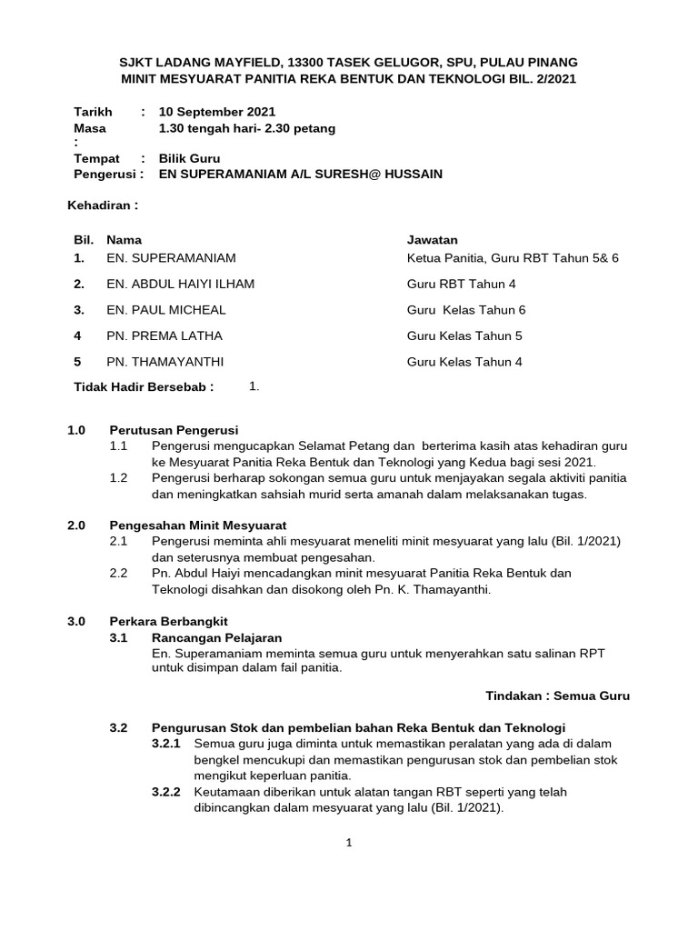 Minit Mesyuarat RBT 2 2021 | PDF