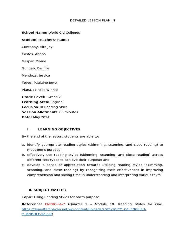 DLP in ENG7 Reading Styles Group 2 | PDF