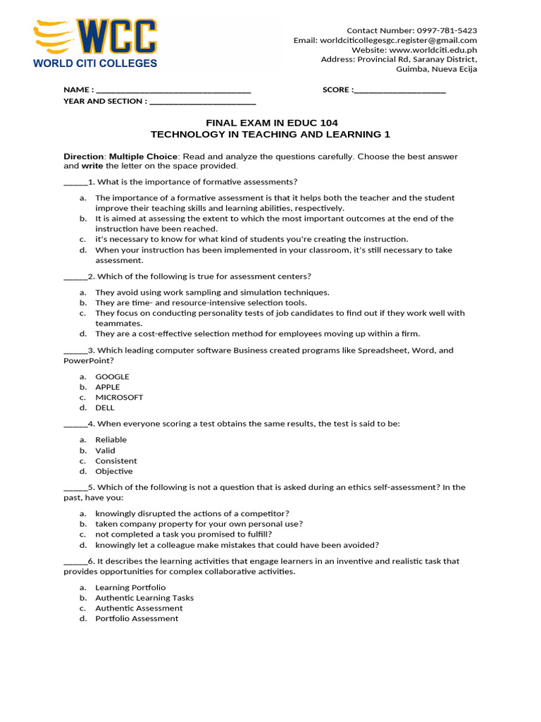 Final Exam in Educ 104 | PDF